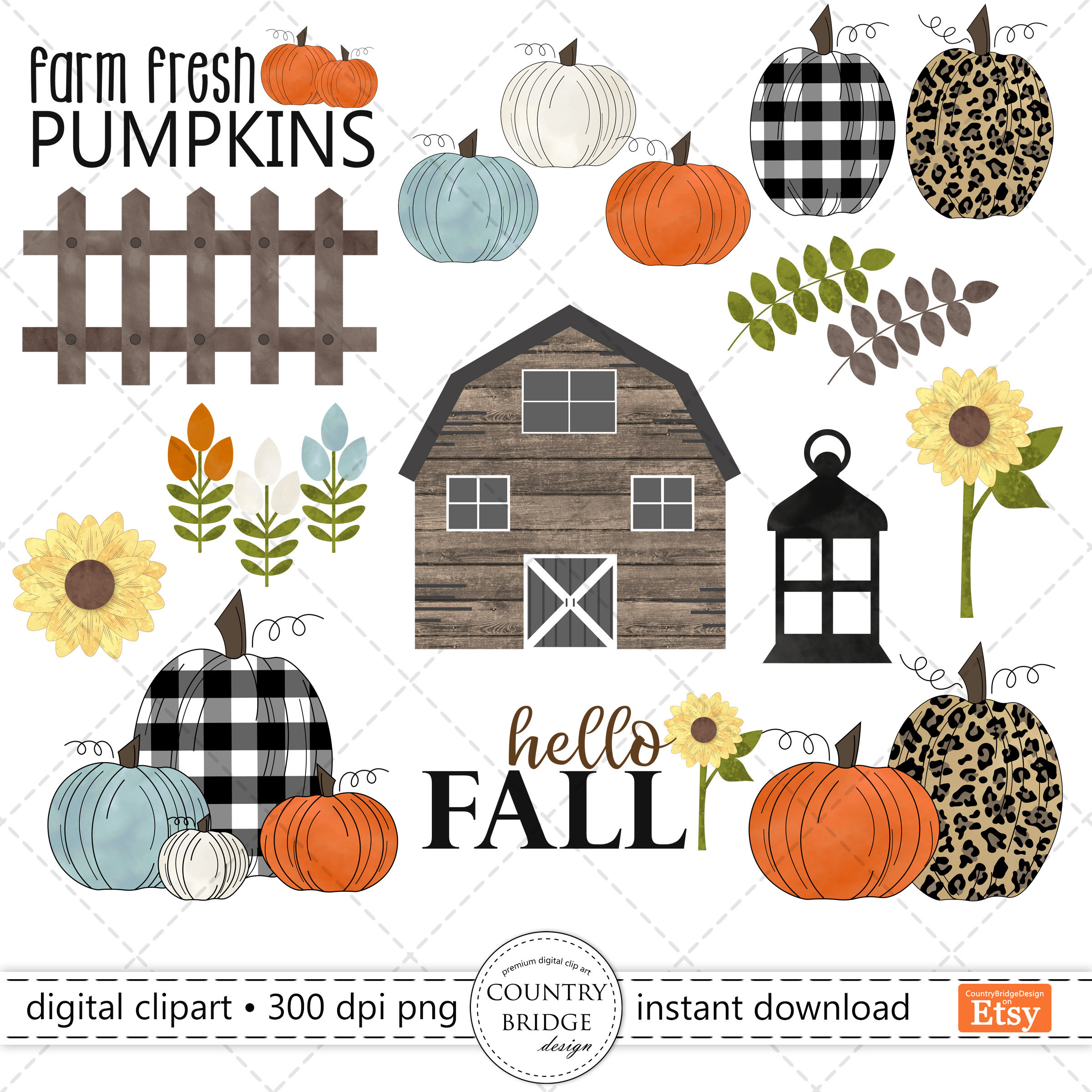 Fall Farmhouse Clipart & Digital Paper Bundle Autumn Clipart - Etsy