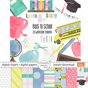 Watercolor Back to School Pastel Clipart, School Clipart, School Paper ...