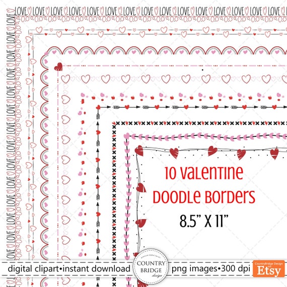 Valentine Doodle Borders Clipart Heart Borders Clip Art Set | Etsy UK