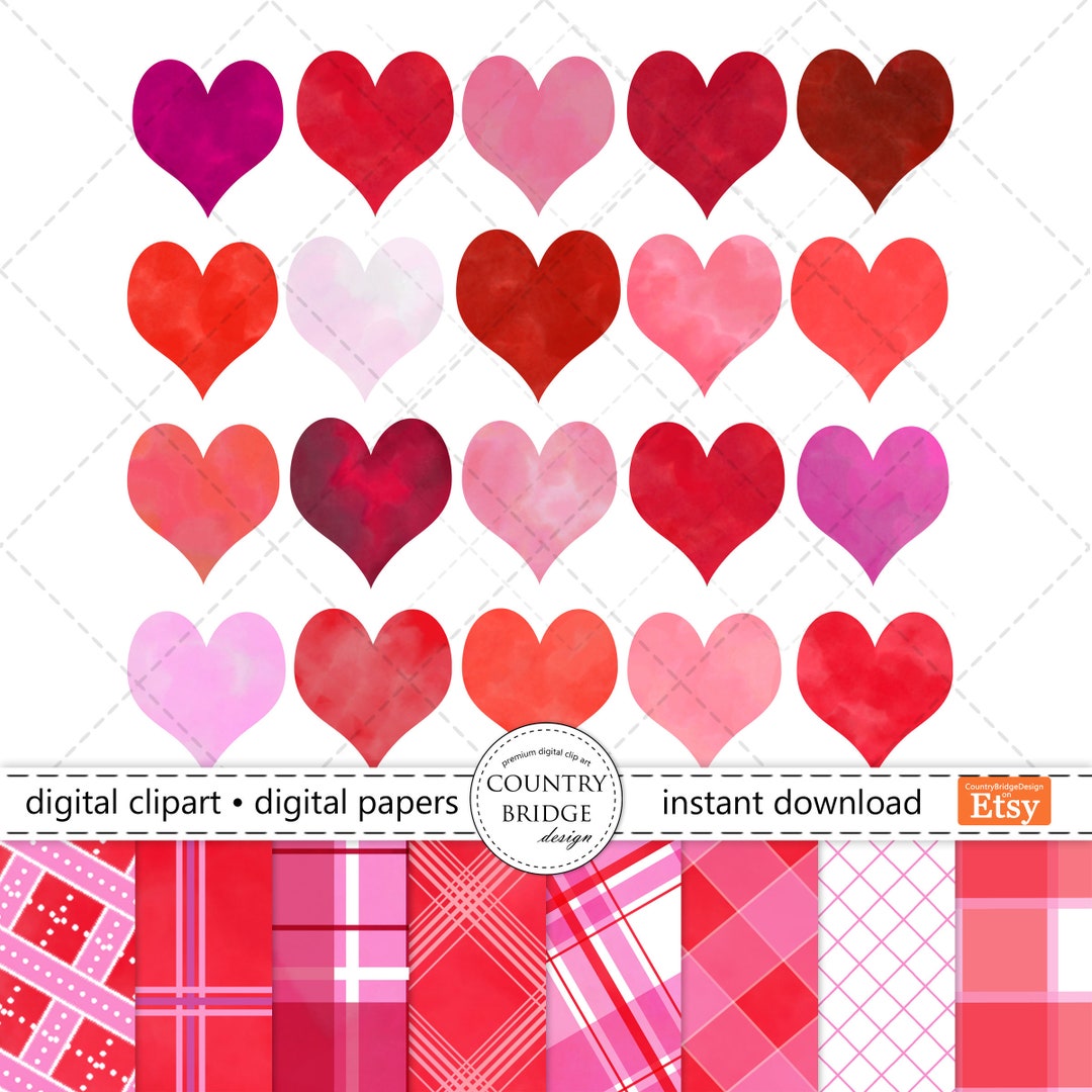 Valentines Clipart and Digital Paper Bundle, Watercolor Heart Clipart ...