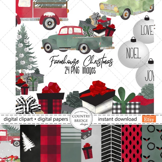 Christmas Farmhouse Clipart & Digital Paper Bundle Watercolor | Etsy