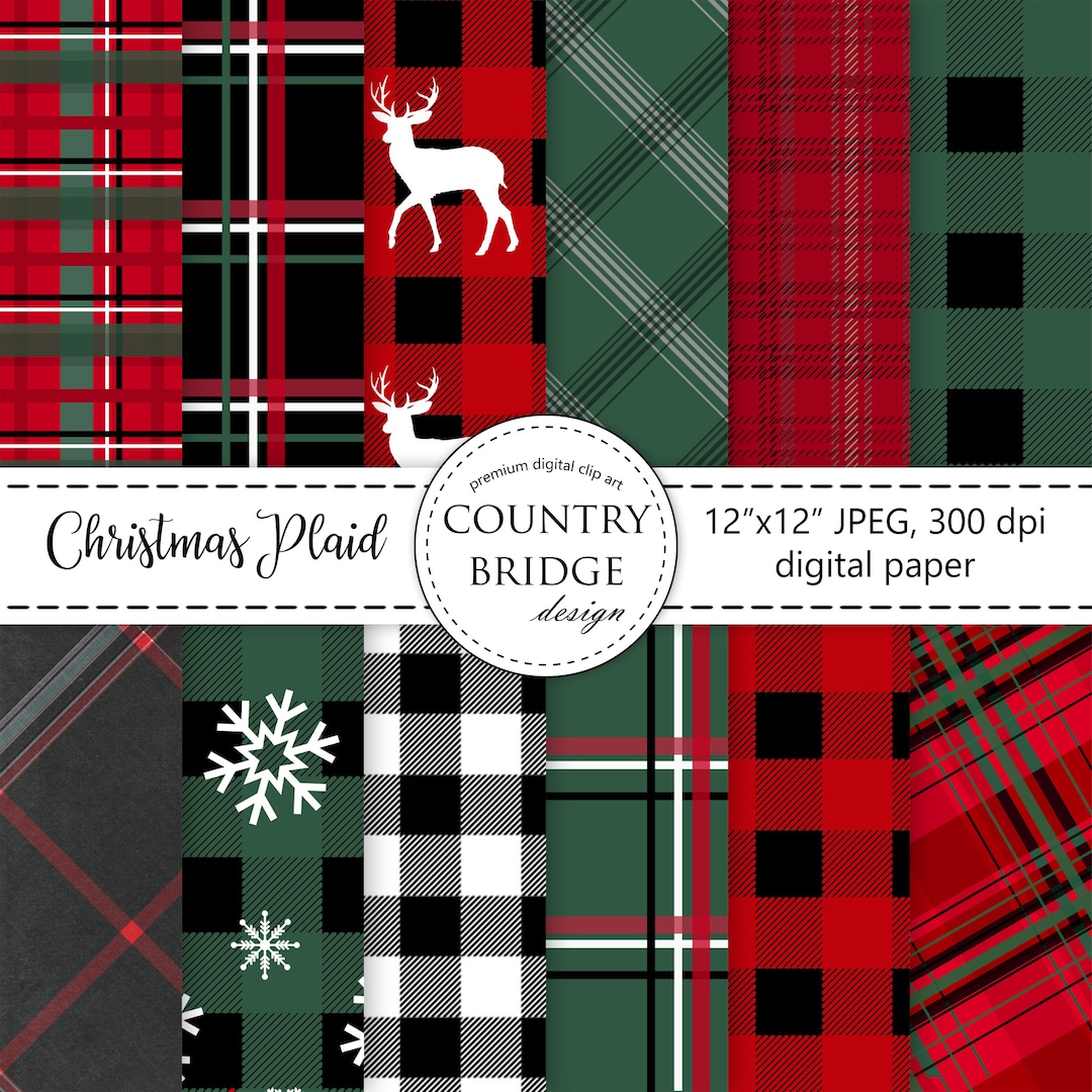 Christmas Plaid Digital Paper, Red Black and Green Plaid Digital Paper ...