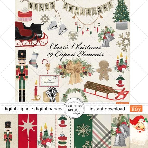 Vintage Christmas Clipart & Digital Paper Bundle Classic | Etsy