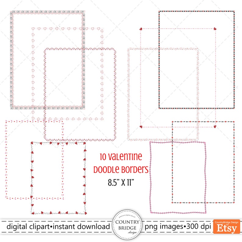 Valentine Doodle Borders Clipart Heart Borders Clip Art Set | Etsy UK