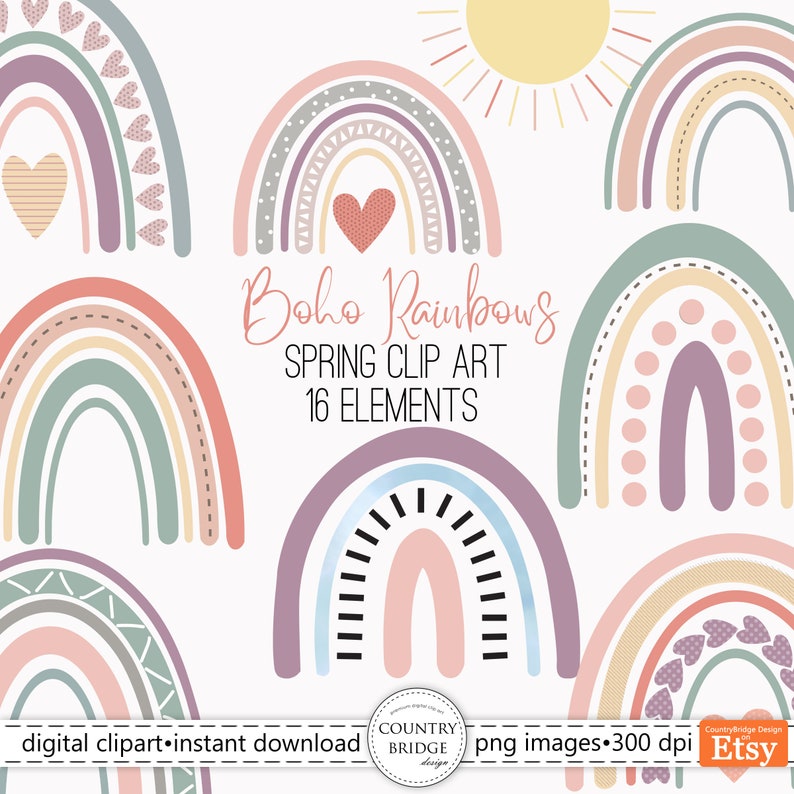 Boho Rainbow Clip Art Spring Rainbow Pastel Rainbow PNG - Etsy