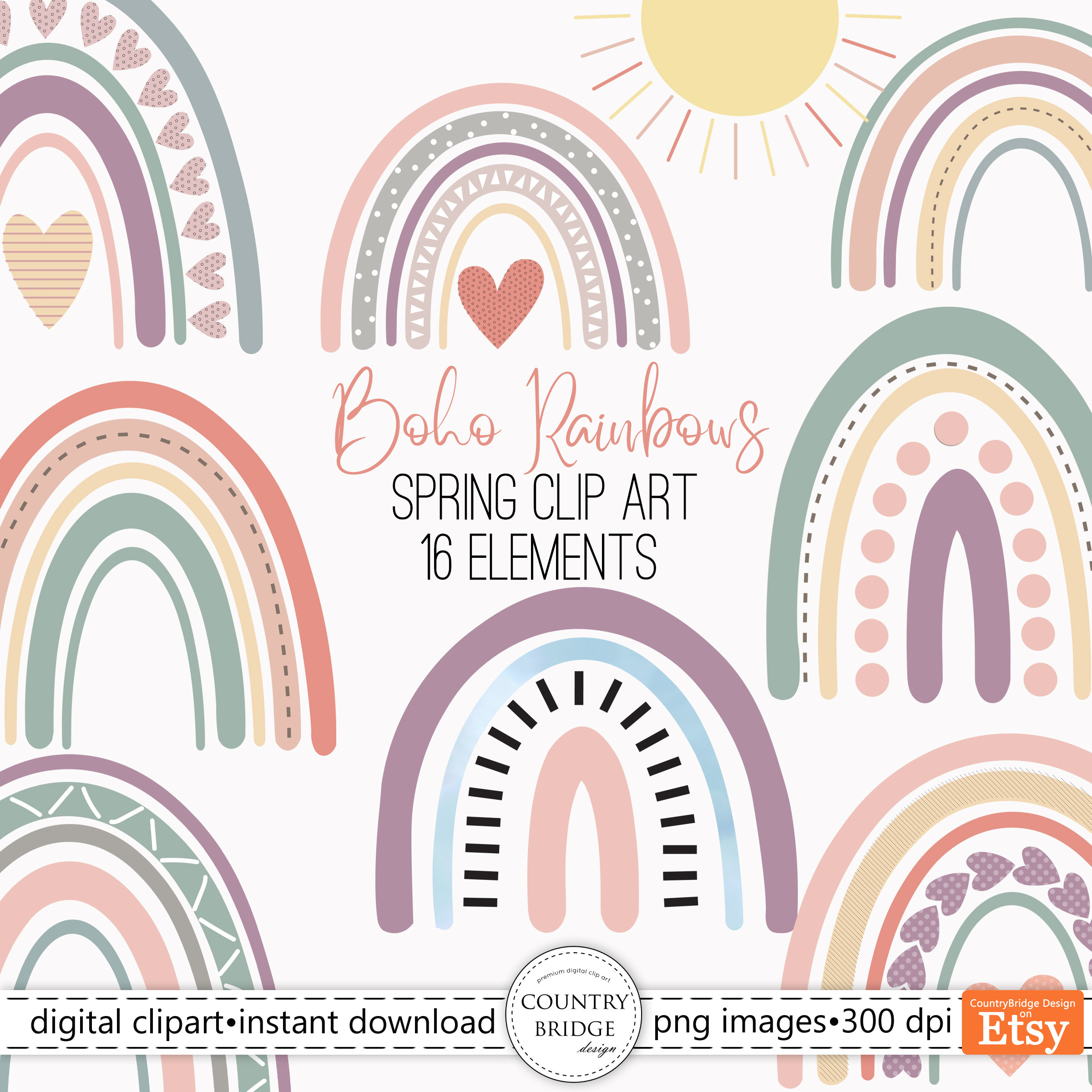 Drawing & Illustration Digital Stickers Boho PNG Digital boho rainbows ...