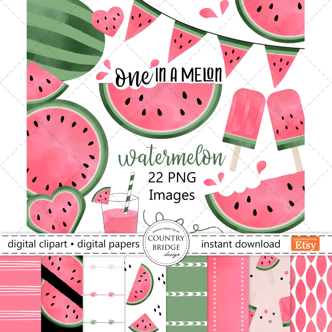 Watermelon Clipart and Digital Paper Bundle, Summer Clipart, Watercolor ...