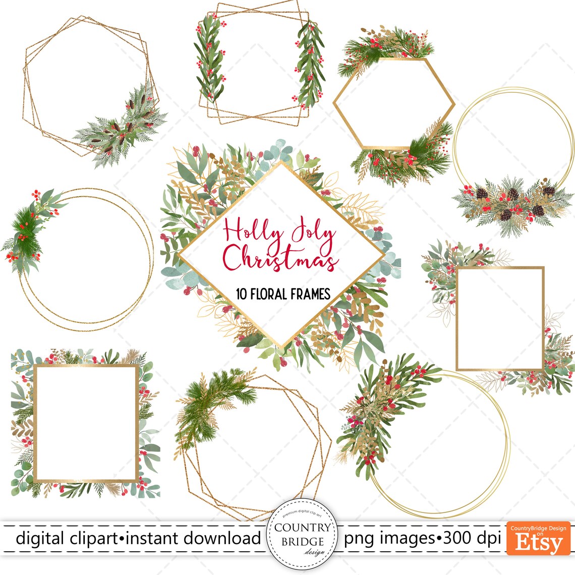 Christmas Watercolor Greenery Frames and Borders Clipart | Etsy