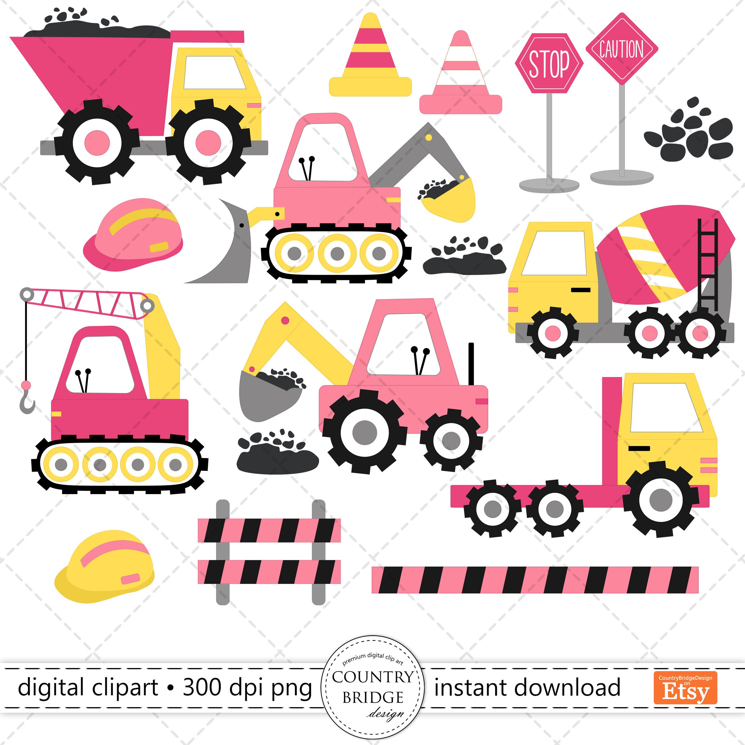 Pink Construction Clipart Construction Vehicles PNG Tractor - Etsy