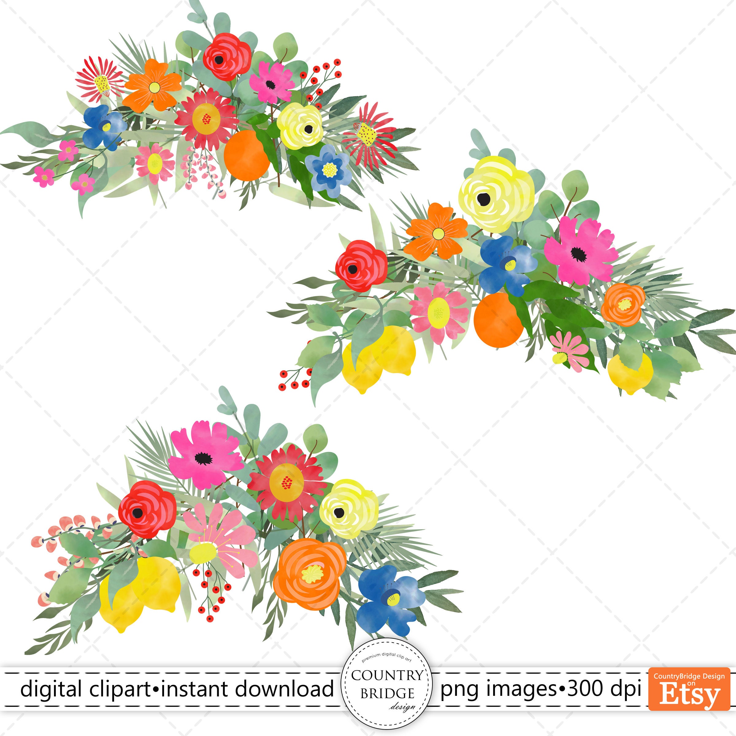 Bright Flower Clip Art Watercolor Flowers and Leaves Clipart | Etsy