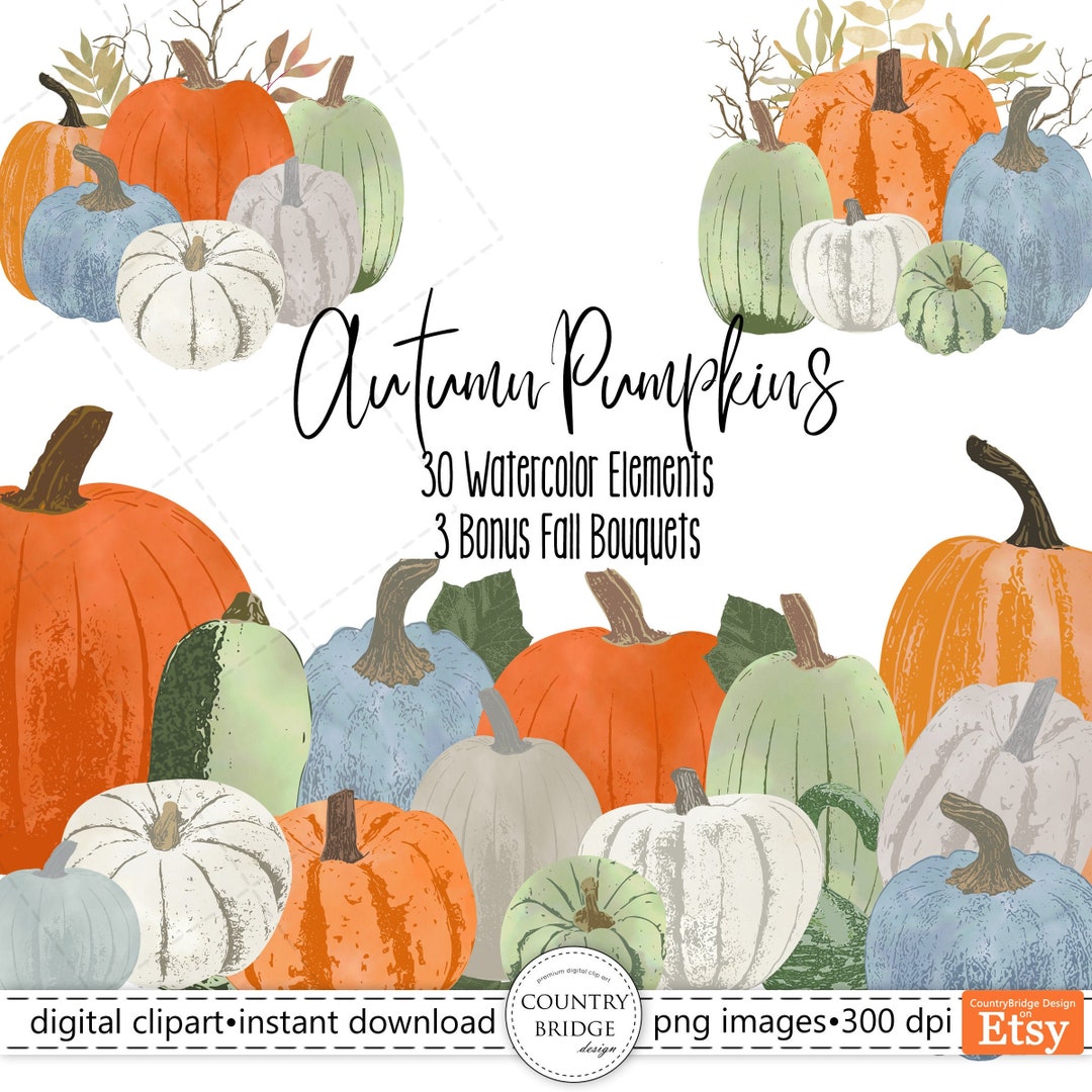 Pumpkin Clip Art, Watercolor Fall Clipart, Fall Pumpkins, Gourds ...
