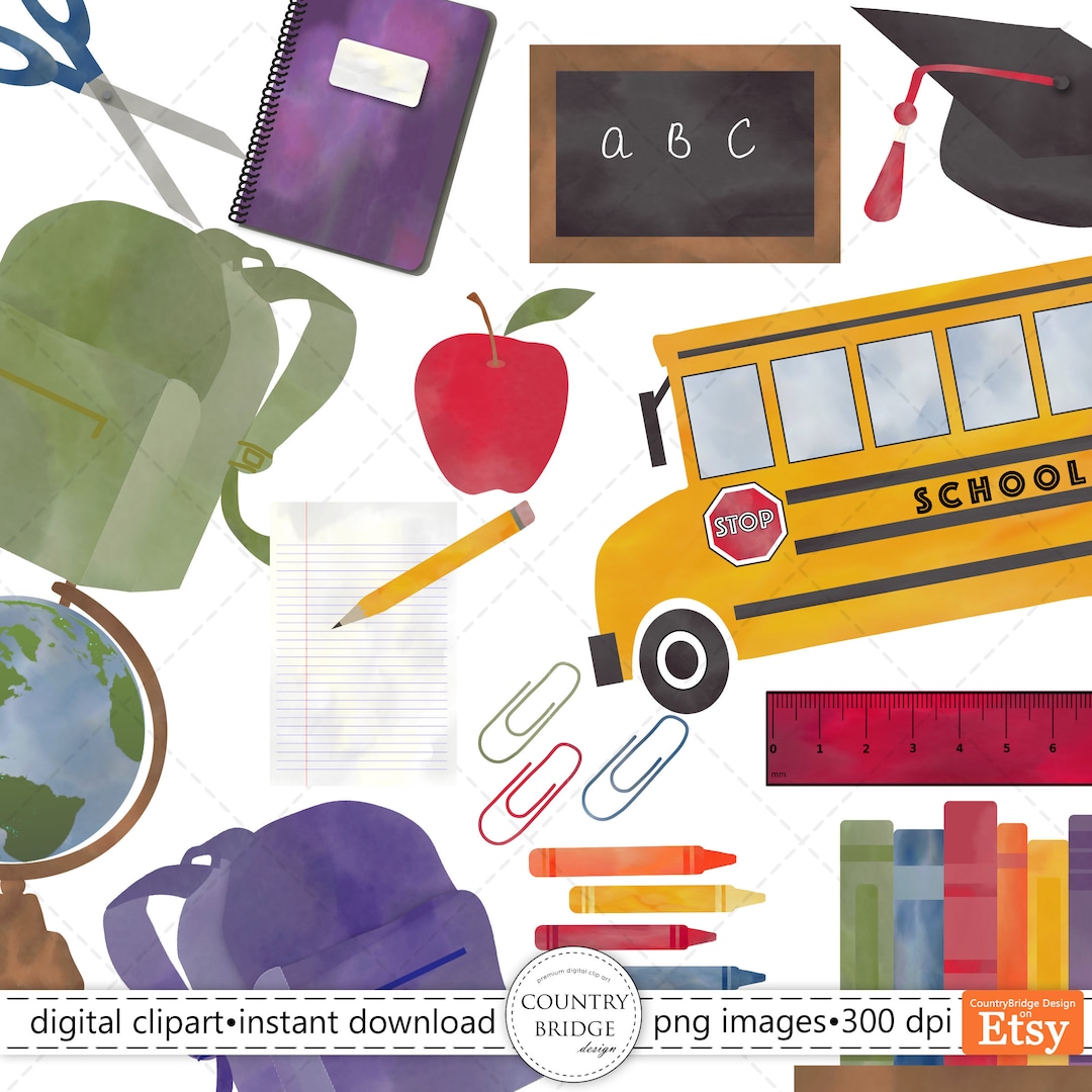 Back to School Clipart, Watercolor School Clipart, School Bus, Backpack ...