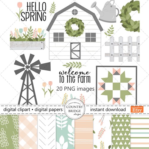 Watercolor Farmhouse Christmas Clipart & Digital Paper Bundle - Etsy