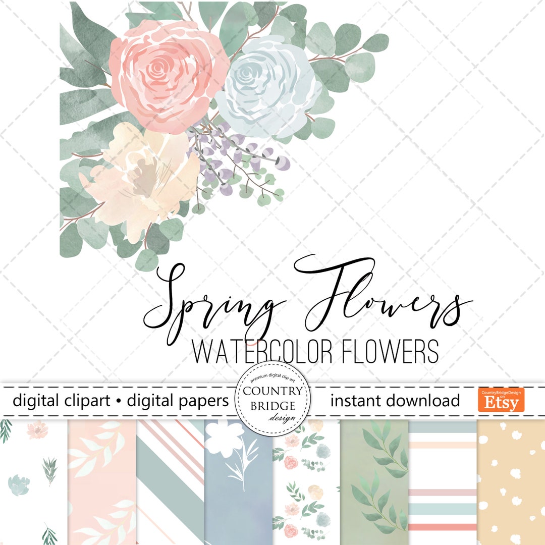 Watercolor Spring Flowers, Spring Flower Digital Paper, Floral Paper ...