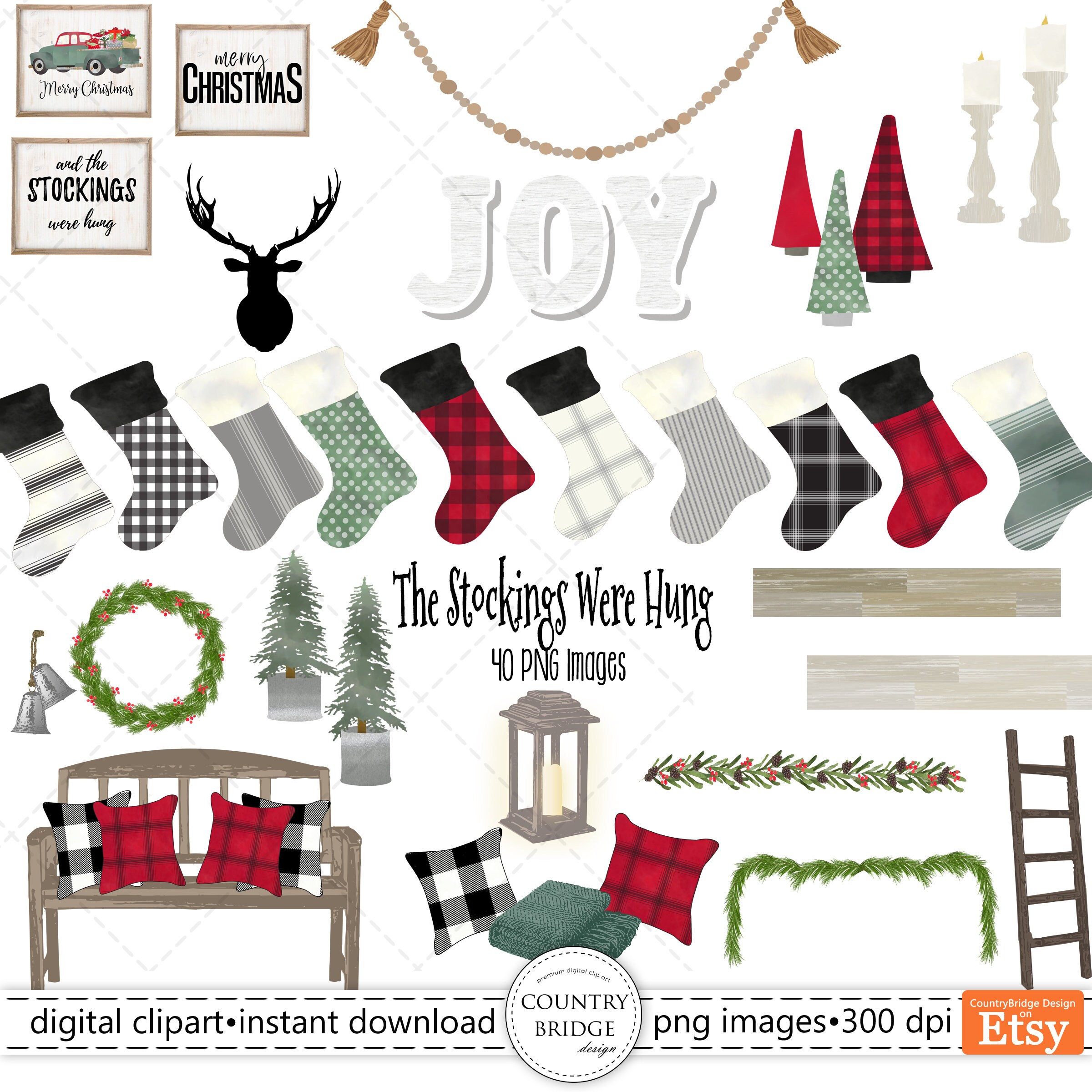 Farmhouse Christmas Clipart & Digital Paper Bundle Farmhouse | Etsy