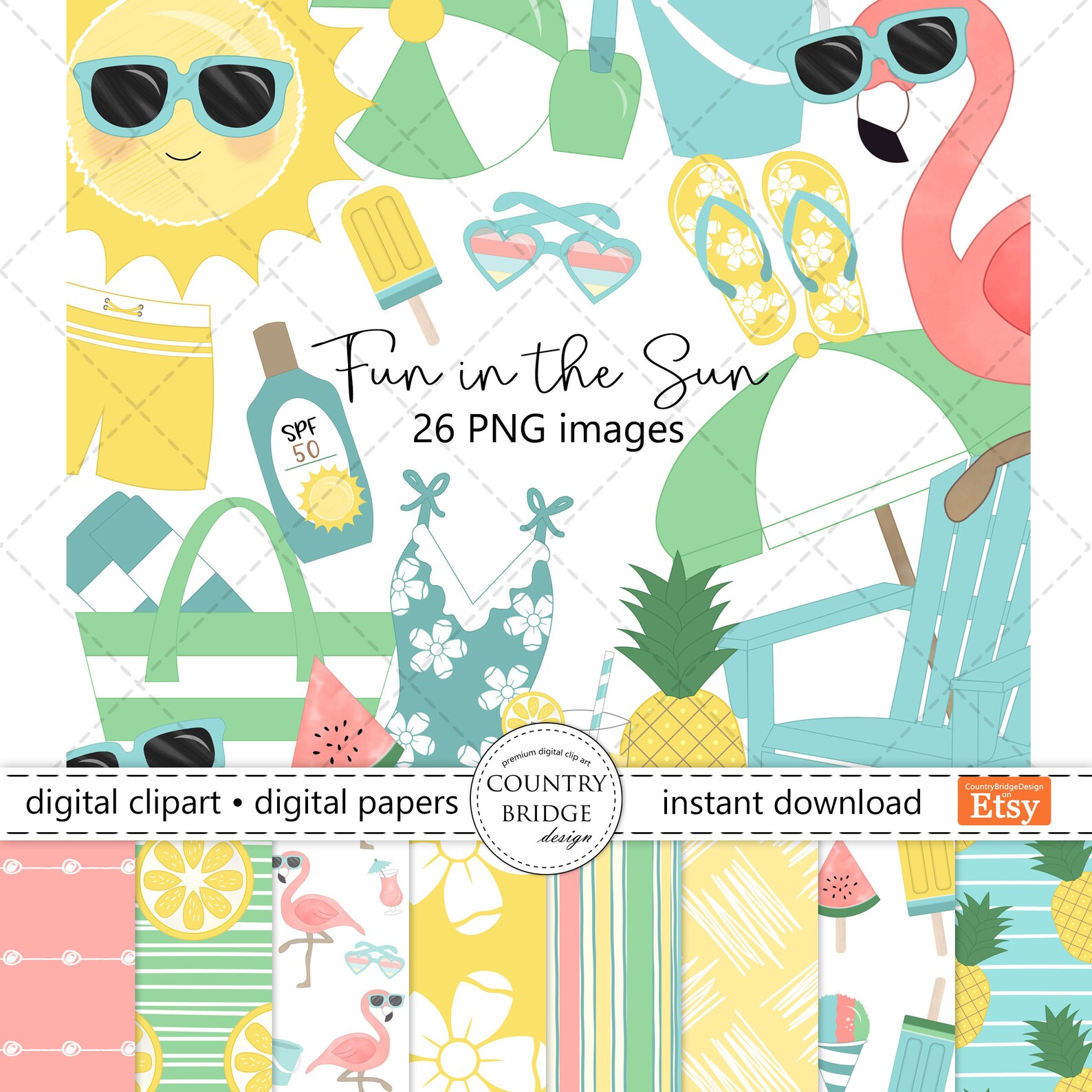 Summer Clipart & Digital Paper Bundle Summer Beach Clipart - Etsy