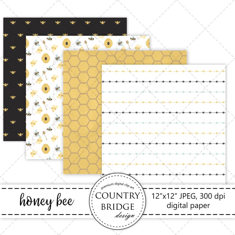 Bee Digital Paper, Honey Bee Digital Paper Set, Honeycomb Pattern Paper ...