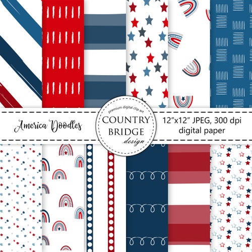 Red White & Blue Digital Plaid Paper Patriotic Papers July - Etsy