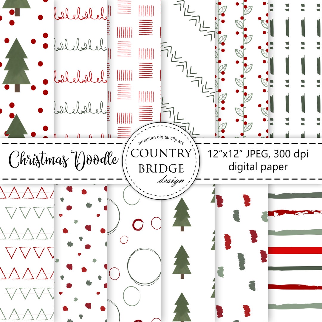 Christmas Doodle Digital Papers, Boho Christmas Digital Paper Pack ...