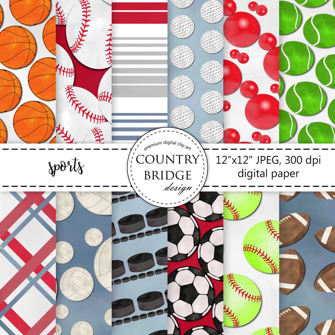 Sports Watercolor Digital Paper, Watercolor Sports Paper, Commercial ...
