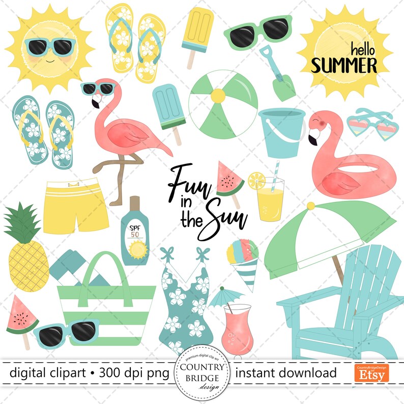 Summer Clipart & Digital Paper Bundle Summer Beach Clipart - Etsy