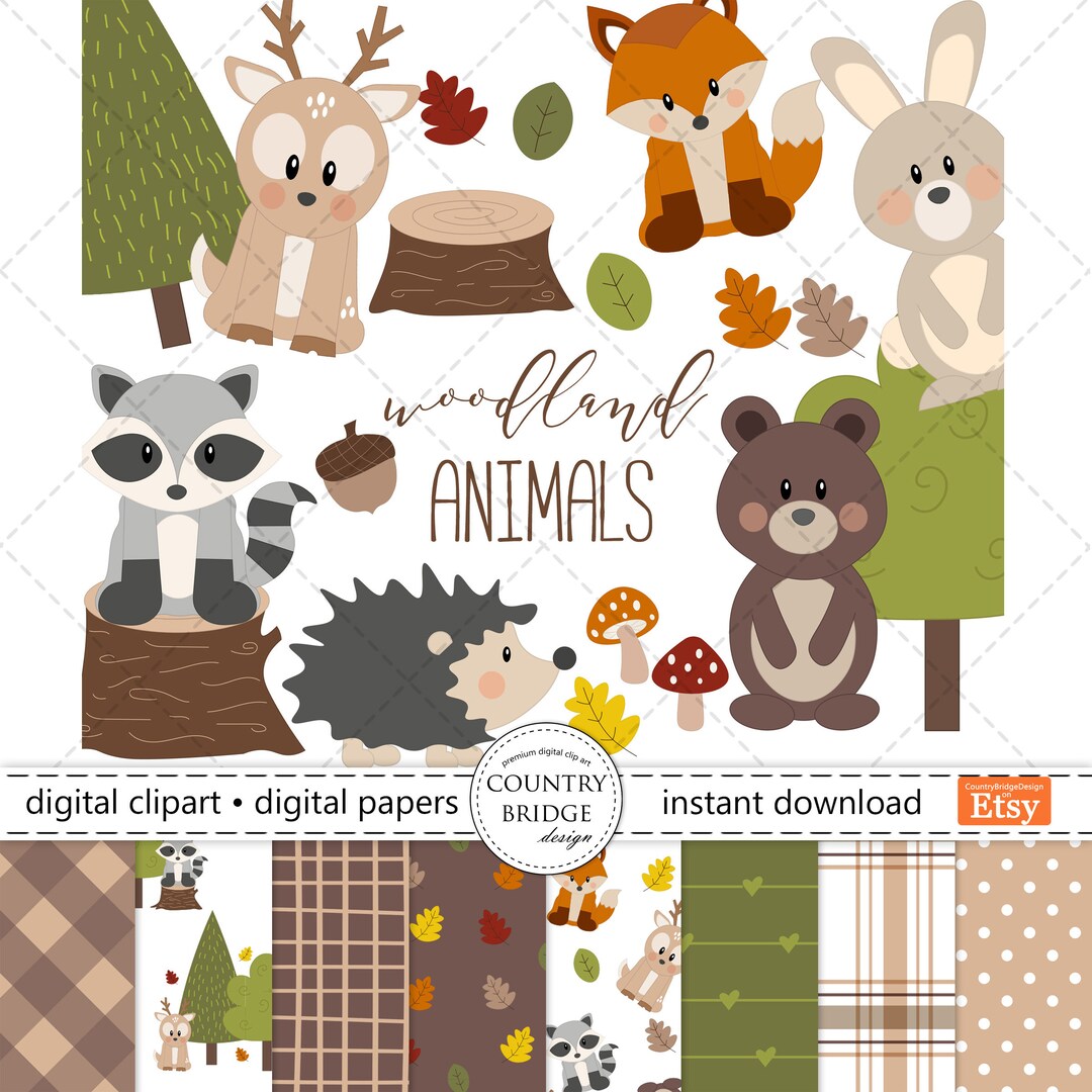 Woodland Animal Clipart & Digital Paper Bundle, Forest Animal PNG ...