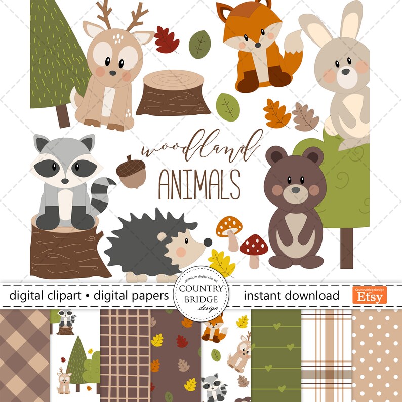 Woodland Animal Clipart & Digital Paper Bundle Forest Animal - Etsy
