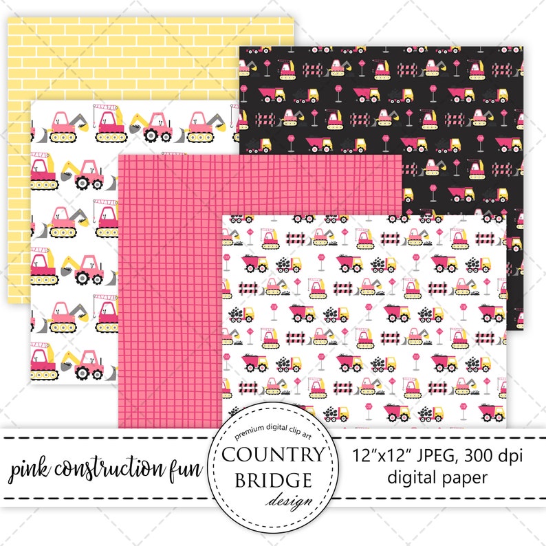 Pink Construction Digital Paper Construction Vehicles - Etsy