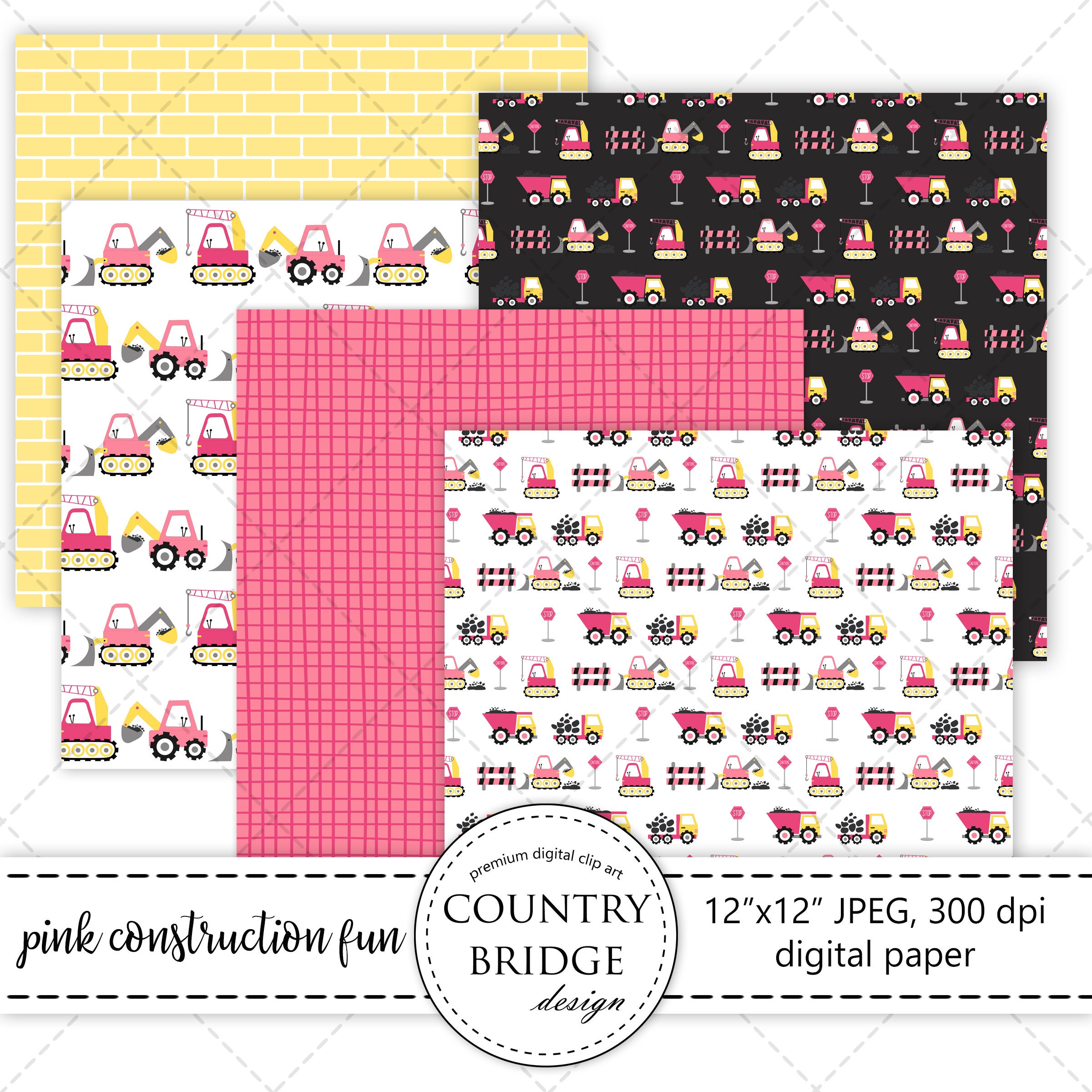 Pink Construction Digital Paper Construction Vehicles - Etsy