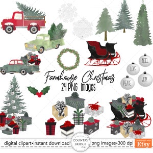 Christmas Farmhouse Clipart & Digital Paper Bundle, Watercolor Farm ...