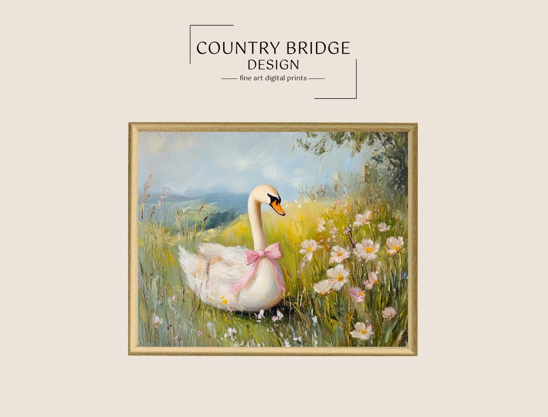 Spring Swan With Bow Wildflower Painting, Vintage Wall Art, PRINTABLE ...