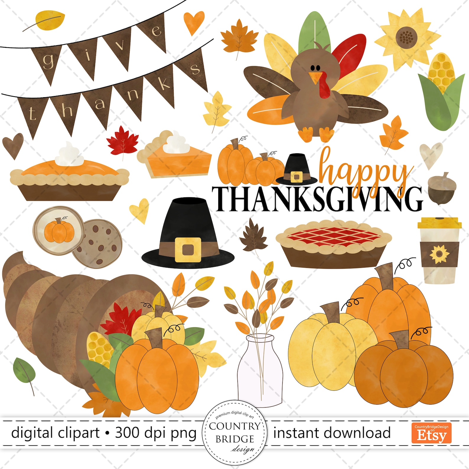 Fall Thanksgiving Clipart & Digital Paper Bundle Watercolor - Etsy