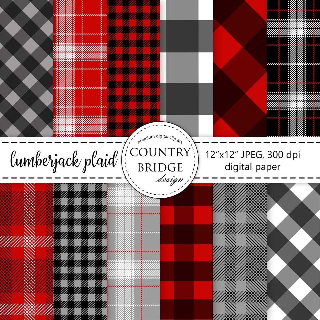 Lumberjack Plaid Digital Paper, Red Black and Gray Plaid Digital Paper ...