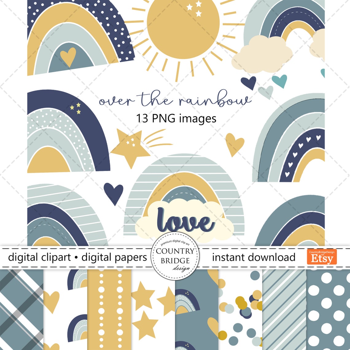 Rainbow Clipart & Digital Paper Bundle Whimsical Rainbow - Etsy