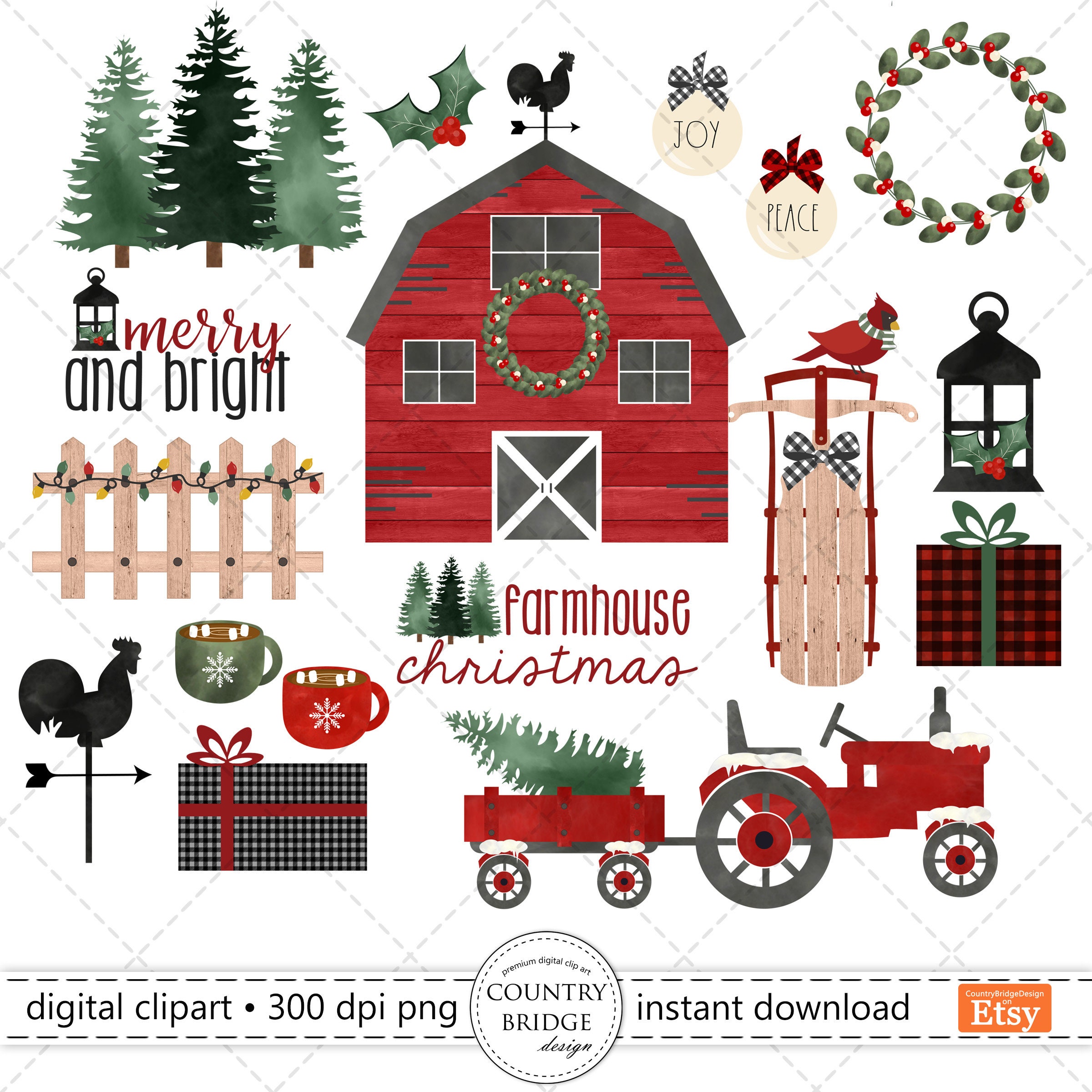 Watercolor Farmhouse Christmas Clipart & Digital Paper Bundle | Etsy