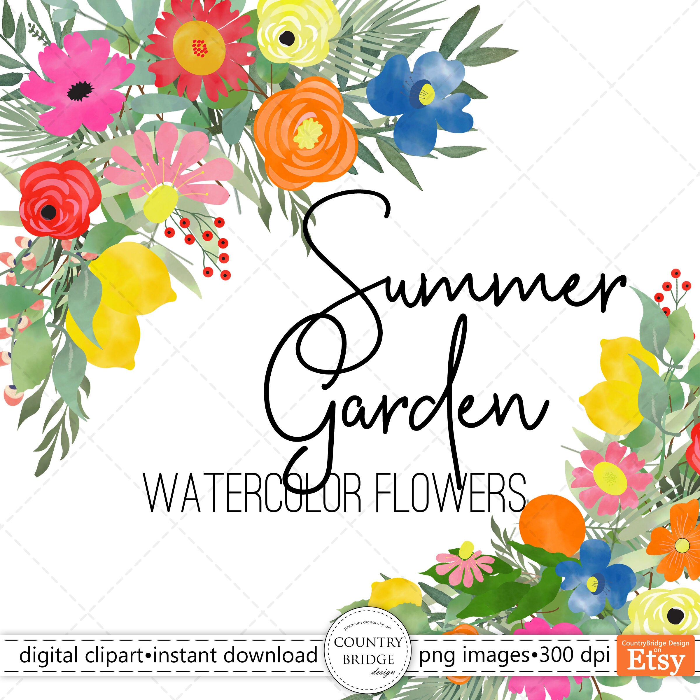 Bright Flower Clip Art Watercolor Flowers and Leaves Clipart | Etsy