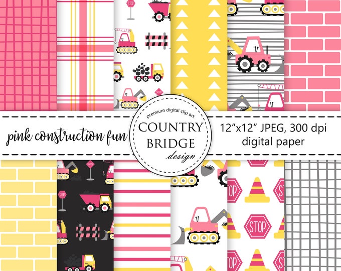 Pink Construction Digital Paper Construction Vehicles - Etsy