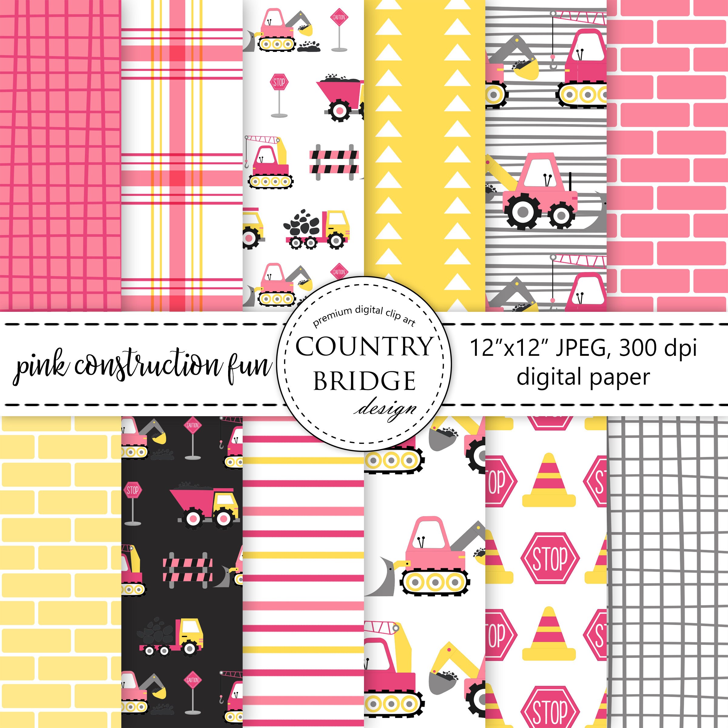 Pink Construction Digital Paper Construction Vehicles - Etsy
