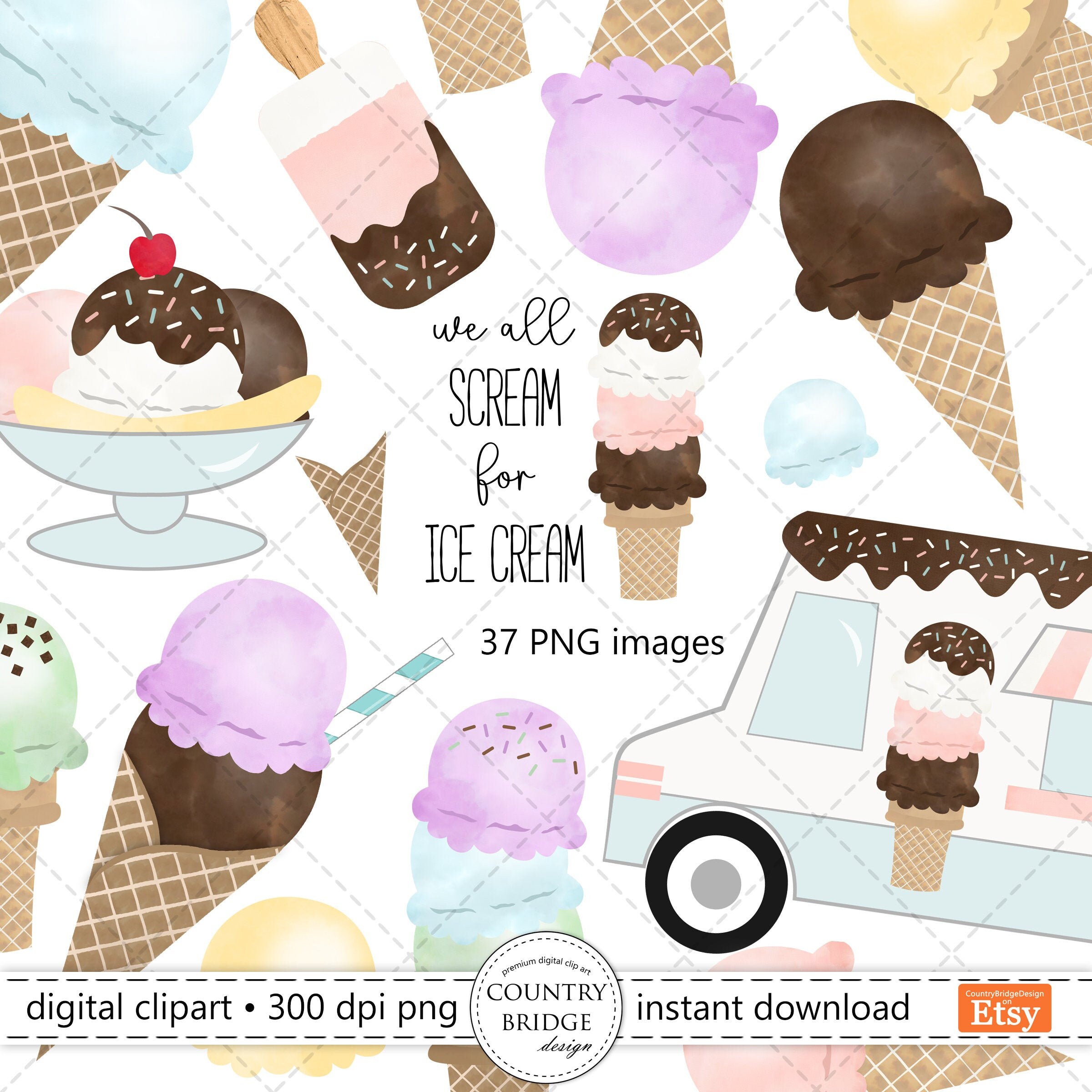 Watercolor Ice Cream Clipart PNG Ice Cream Graphics Build - Etsy Canada