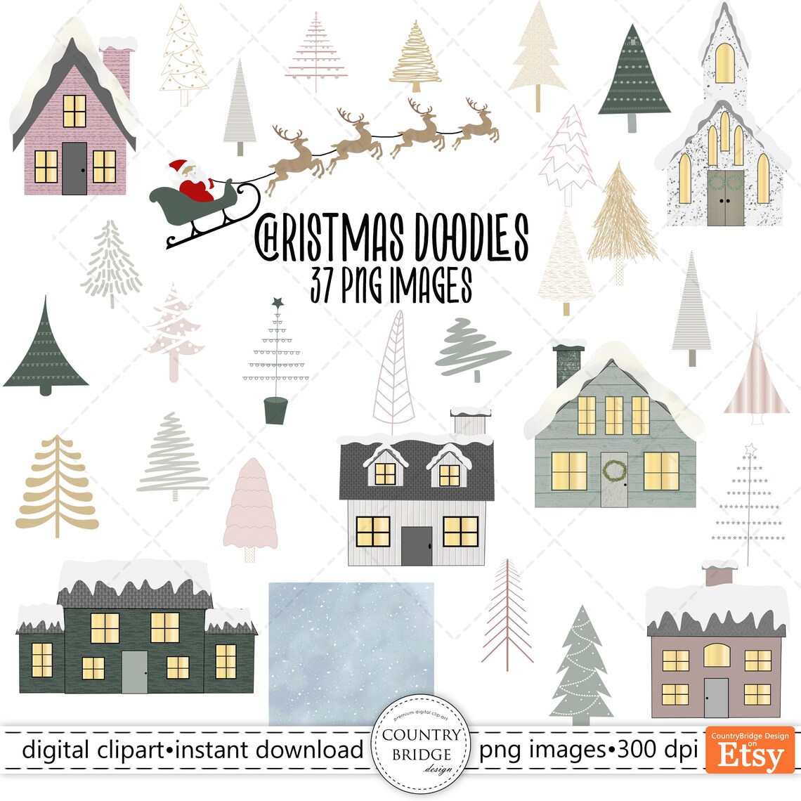 Boho Christmas Clip Art Doodle Trees Scandinavian Christmas - Etsy