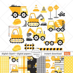 Construction Clipart & Digital Paper Bundle, Construction Vehicles PNG ...