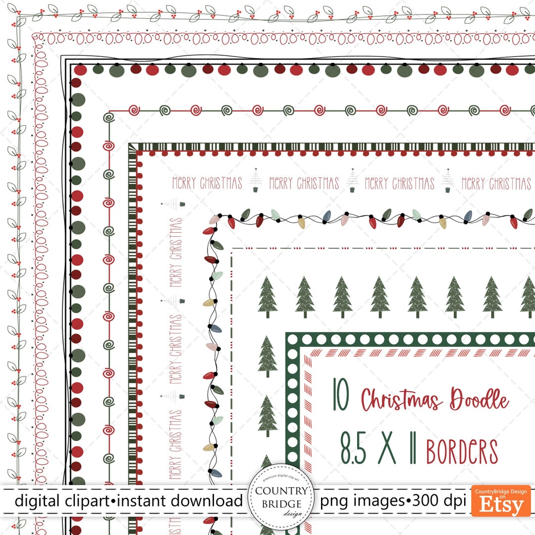 Christmas Doodle Borders Clipart, Holiday Borders Clip Art Set, Doodle ...