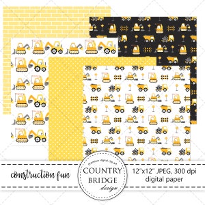 Construction Clipart & Digital Paper Bundle, Construction Vehicles PNG ...