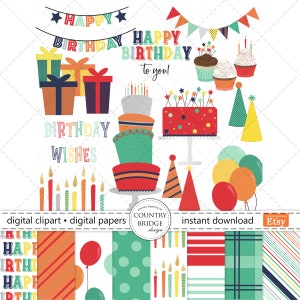 Birthday Clipart and Paper Bundle, Birthday Clipart, Birthday Paper ...