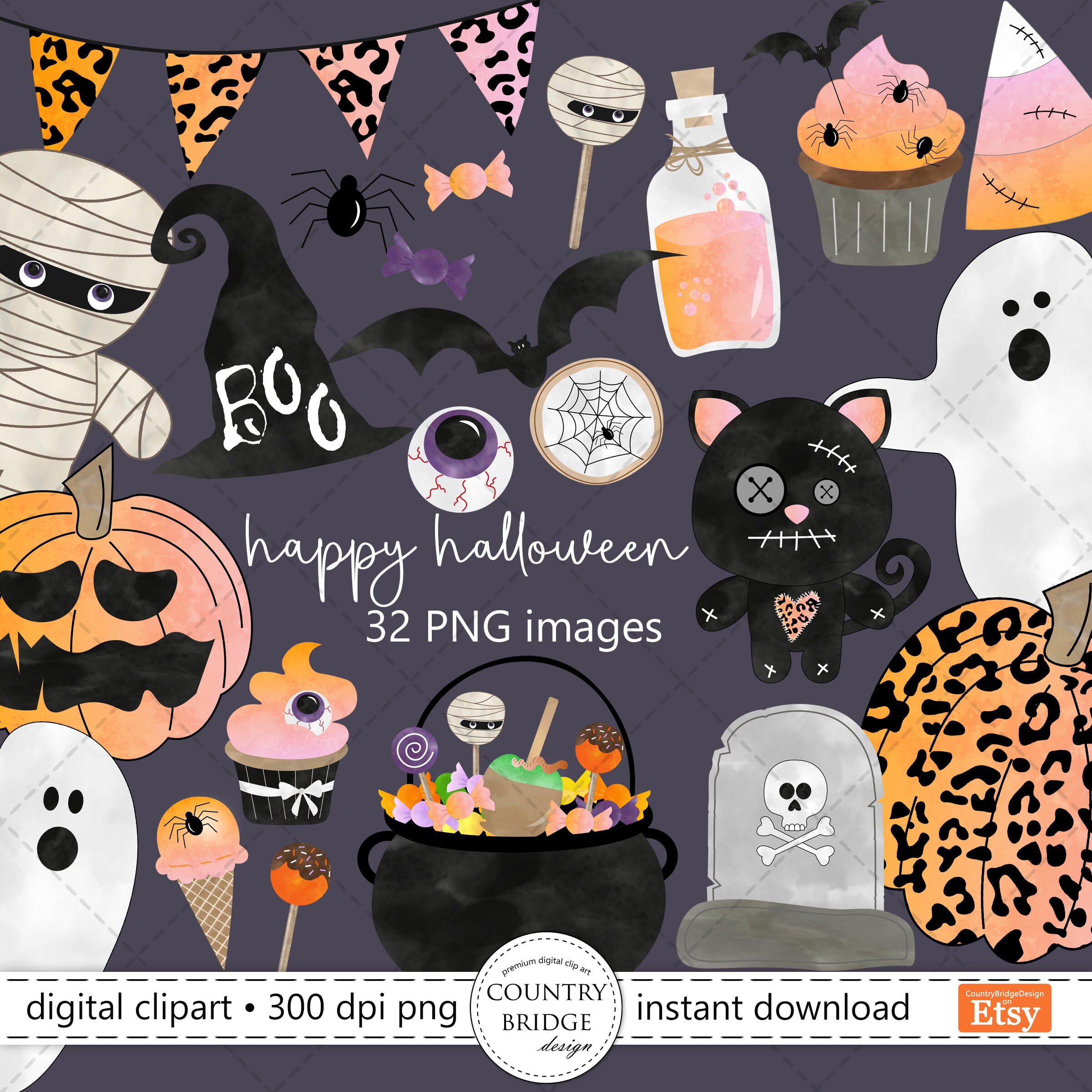 Watercolor Halloween Clipart & Digital Paper Bundle Fall | Etsy