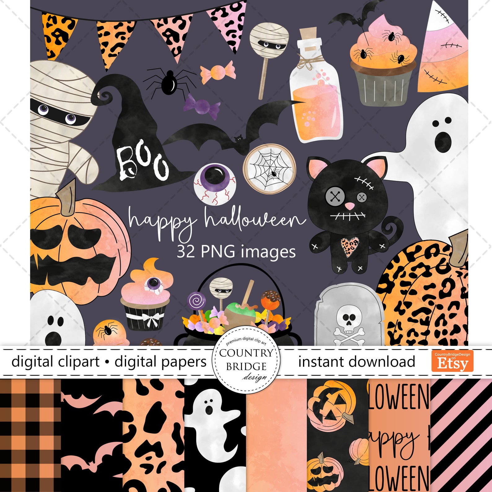 Watercolor Halloween Clipart & Digital Paper Bundle Fall | Etsy