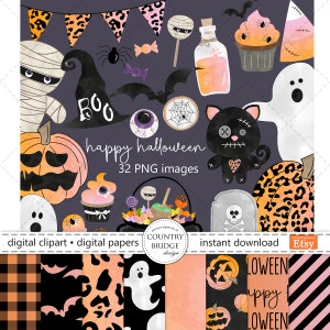 Watercolor Halloween Clipart & Digital Paper Bundle, Fall Halloween PNG ...