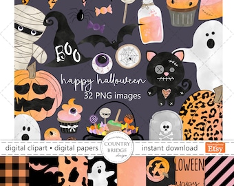 Watercolor Halloween Clipart Halloween PNG Jack-o-Lantern | Etsy