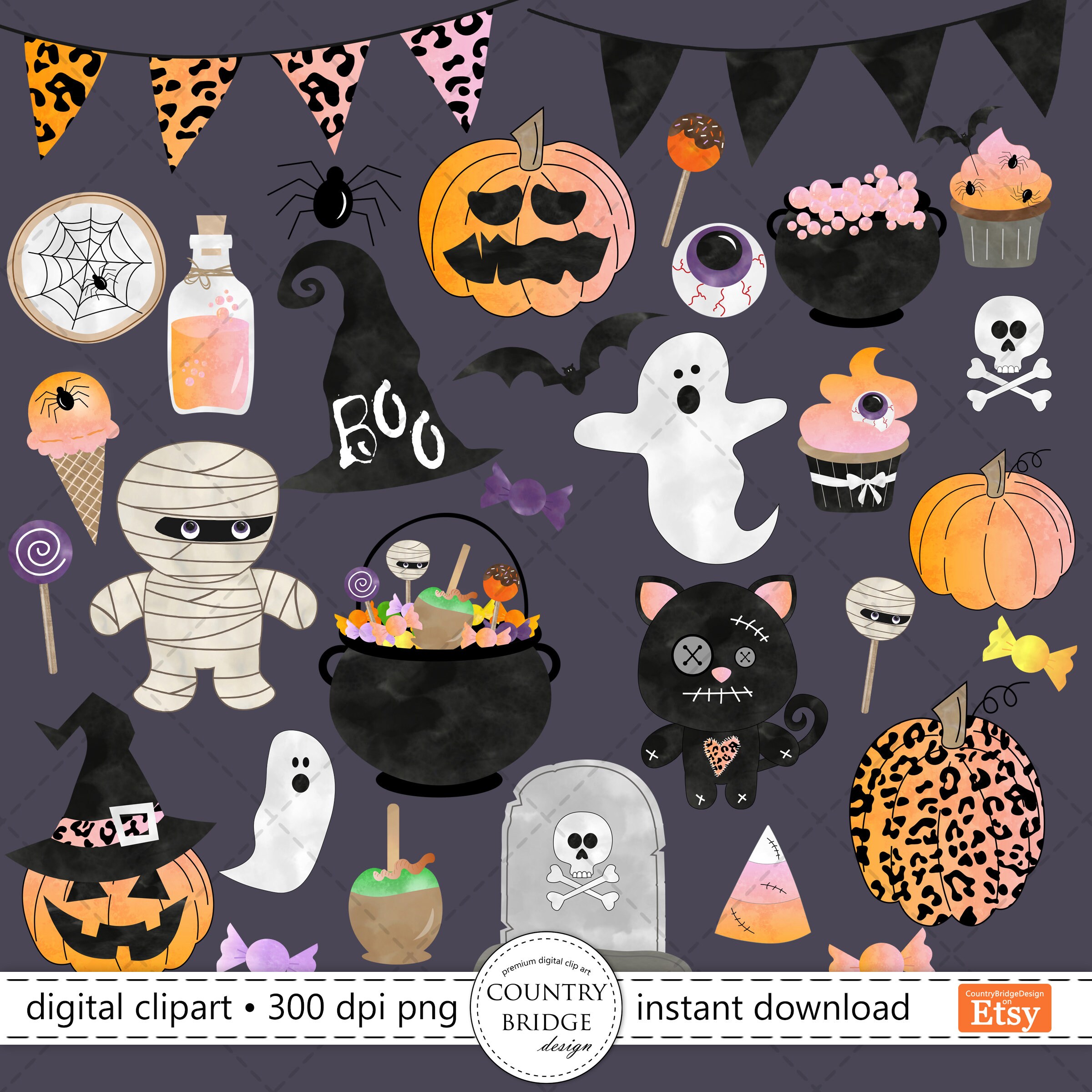 Watercolor Halloween Clipart Halloween PNG Jack-o-lantern - Etsy