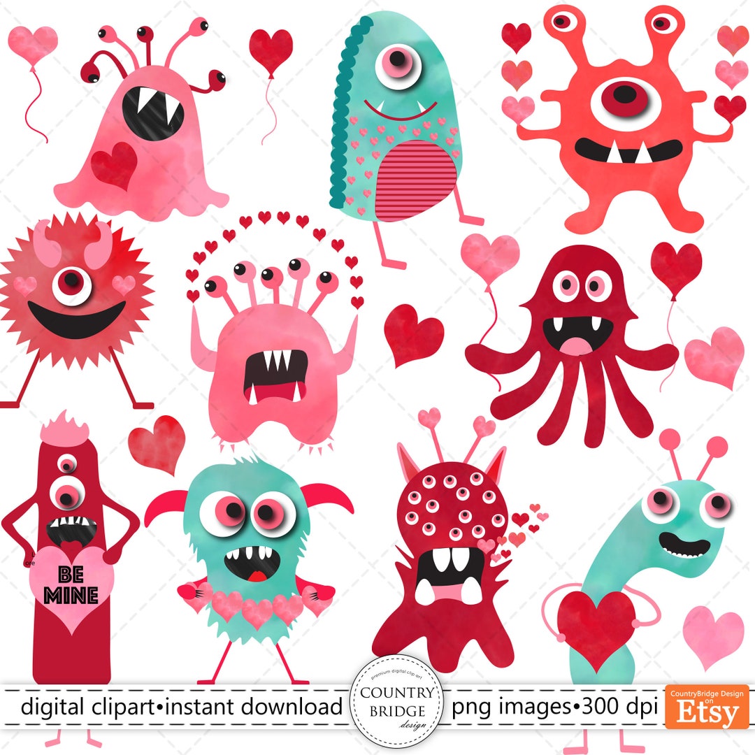 Valentine Monster Clipart, Monster Valentine PNG, Watercolor Monster ...